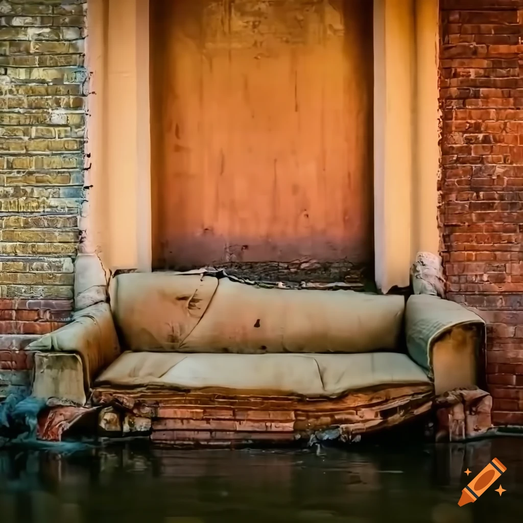 Destroyed couch in flooded brick doorway with sinking buildings in a ...