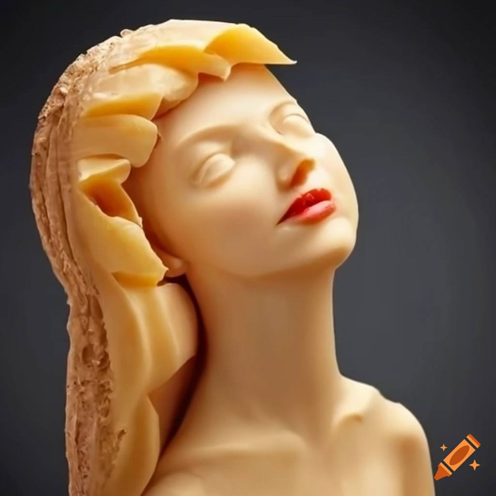 Carving of a woman sculpted from melted cheese on Craiyon