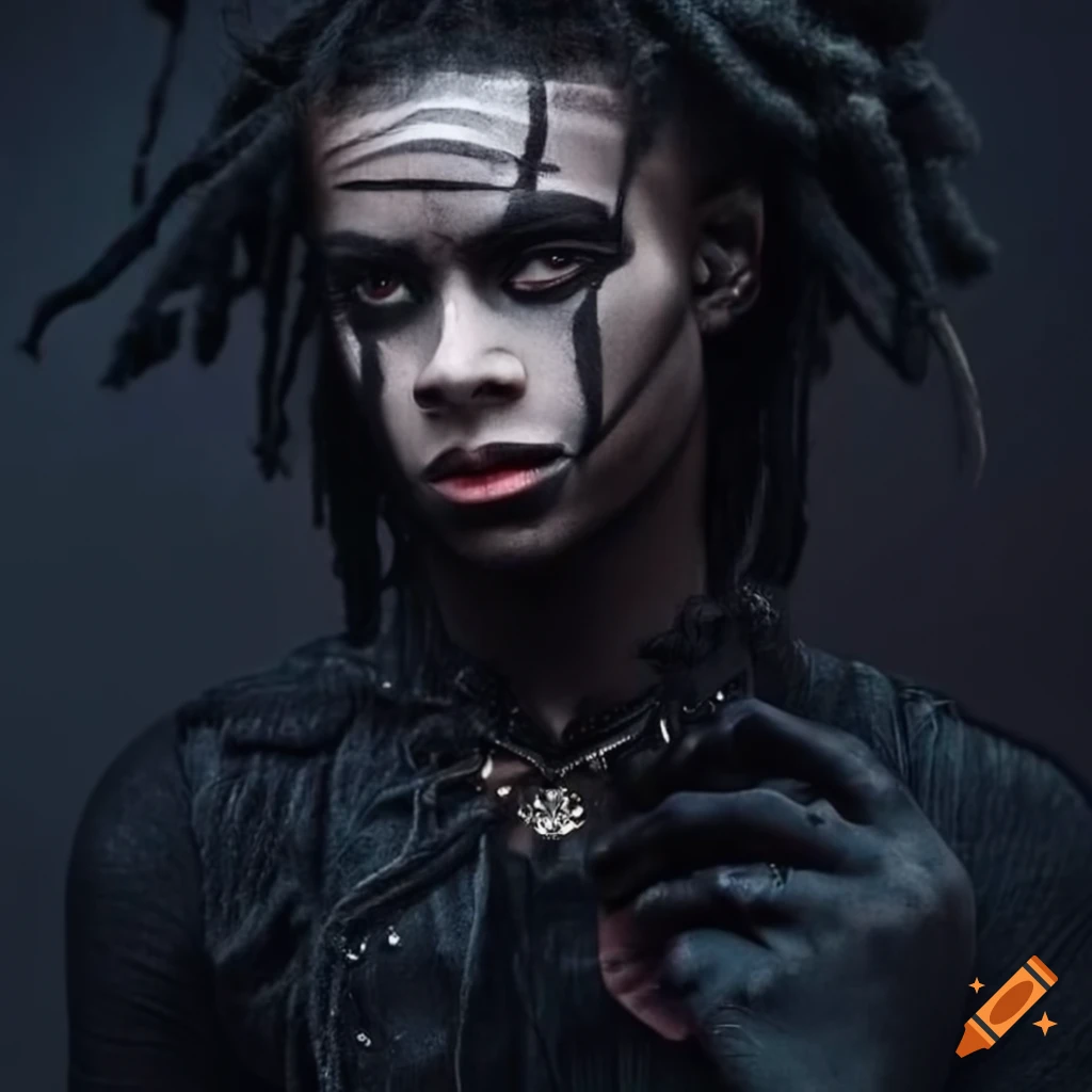 Fashion portrait of a black man in goth attire with bold makeup and ...