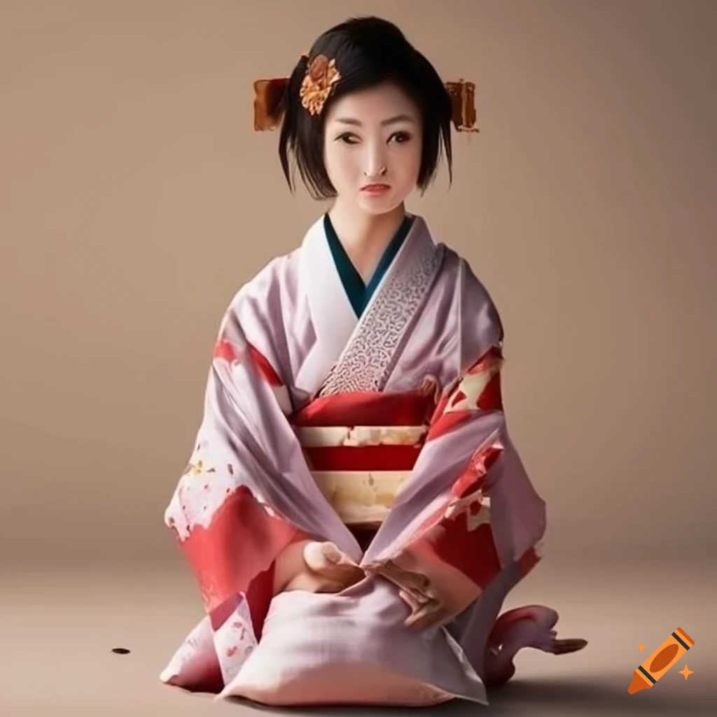 Japanese woman in kimono kneeling on a pillow on Craiyon