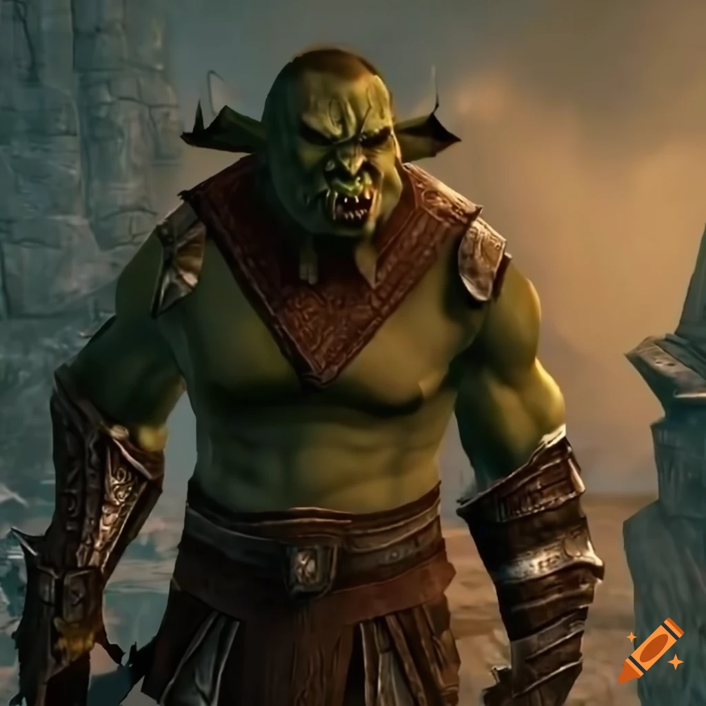 Skyrim orc forging metal armor in a blacksmith forge on Craiyon