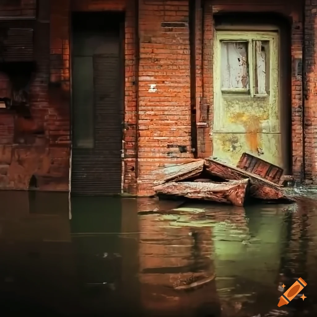 Close-up view of a destroyed couch in a flooded brick doorway with ...