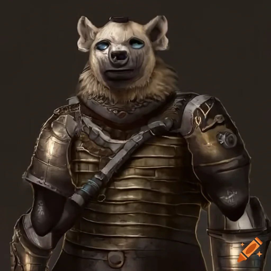 Hyena inventor designing steam-powered armor in a fantasy laboratory on ...