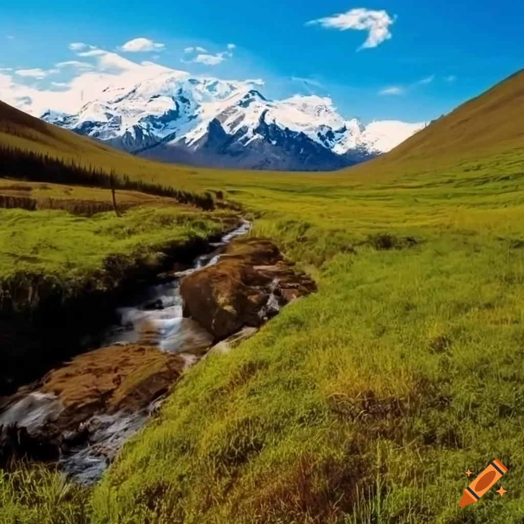 Grassy steppe with a stream and snowy andes mountain range in the ...