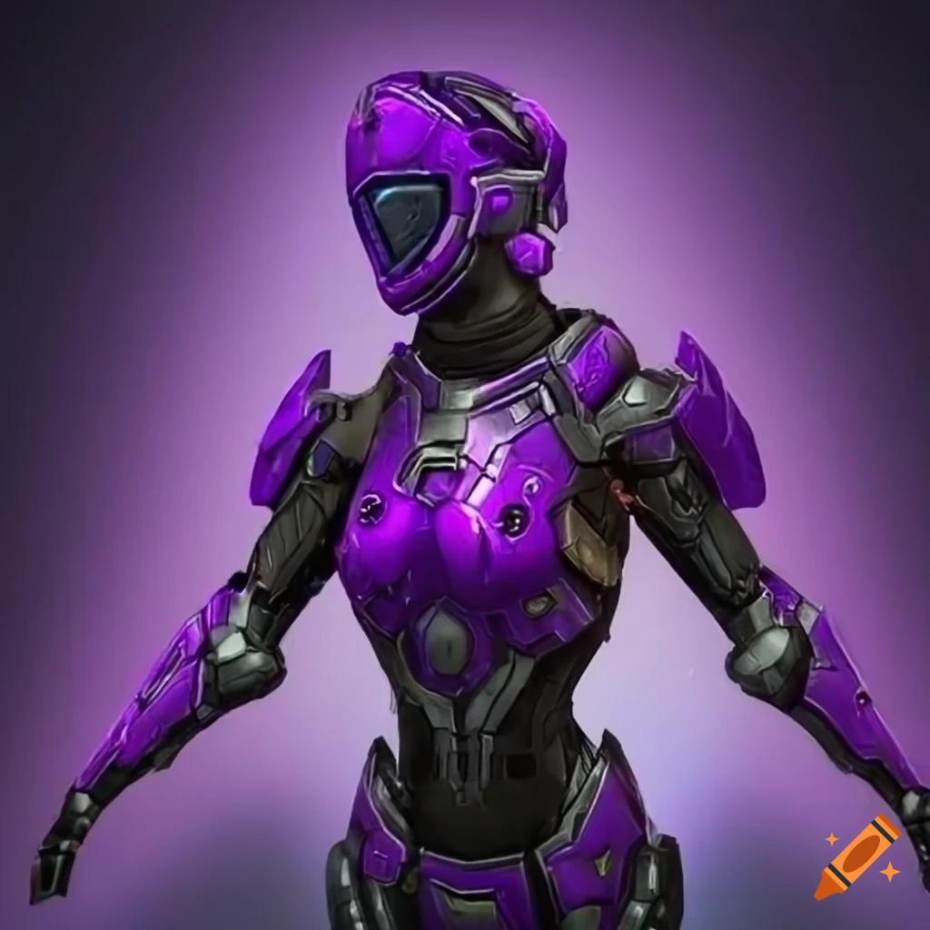 Futuristic female space armor in purple and silver with gauntlet on Craiyon