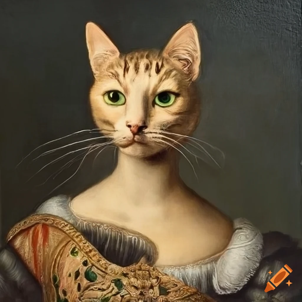 Renaissance painting of a royal figure with a cat's head on Craiyon