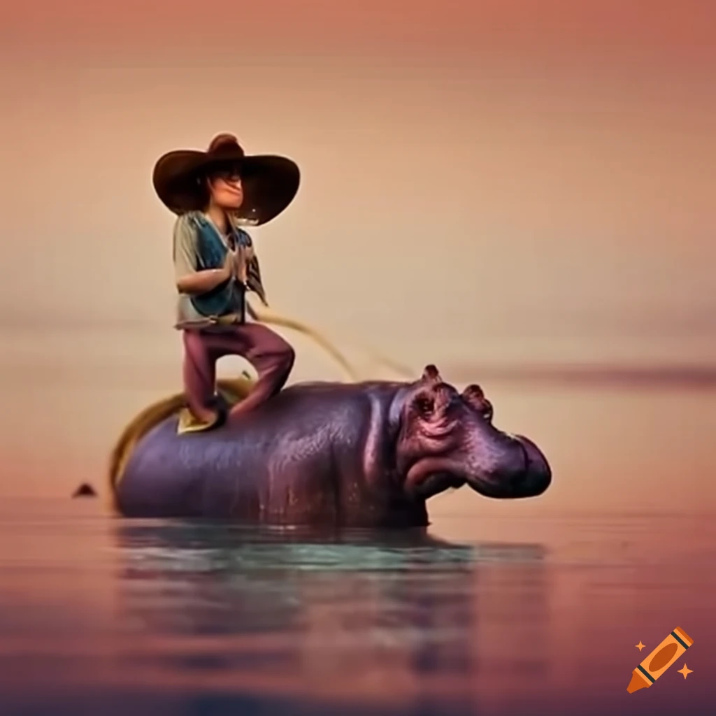 Cowboy frog riding hippo trying to catch geese with a lasso on Craiyon