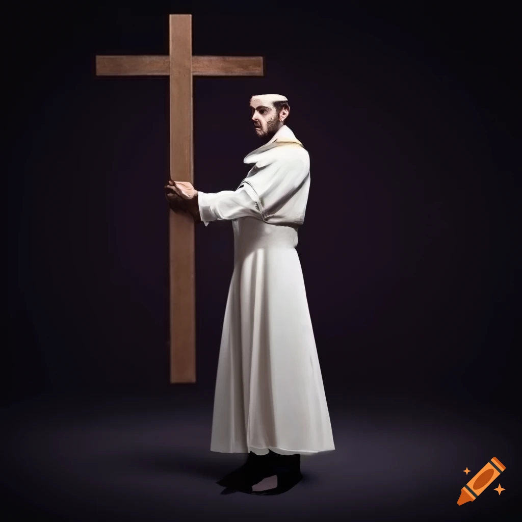 Stylish young man in priest's garments holding a cross on Craiyon