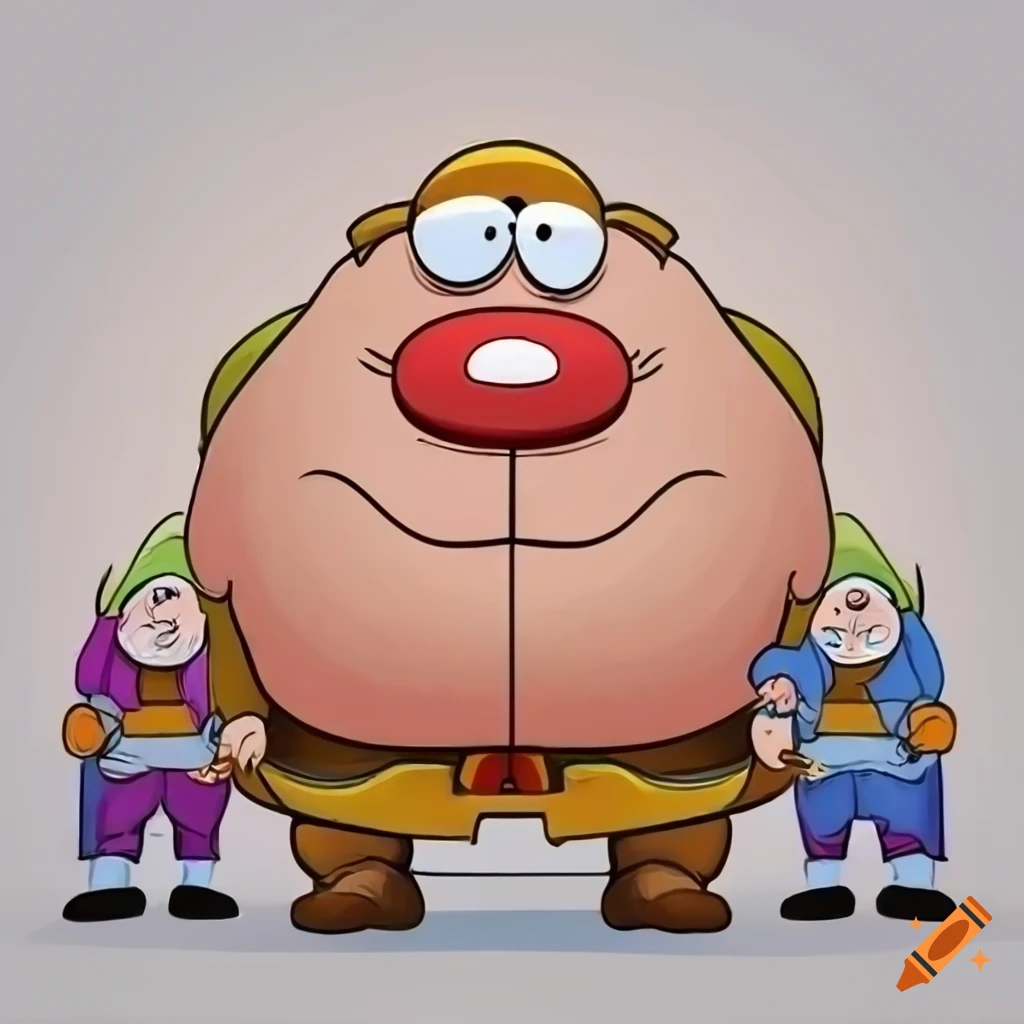 Colorful cartoon illustration of a giant addressing a group of dwarfs ...