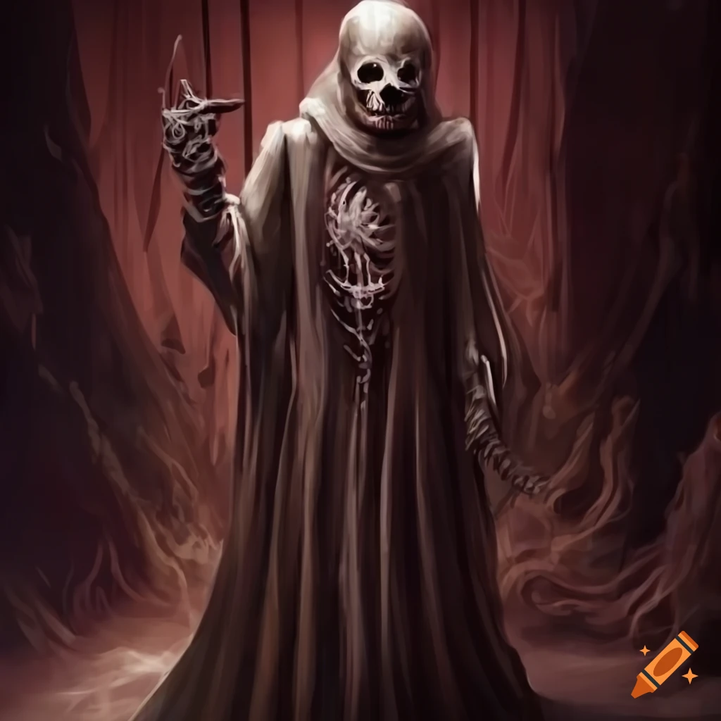 Skeleton possessed by a theatre mask in fantasy art style on Craiyon