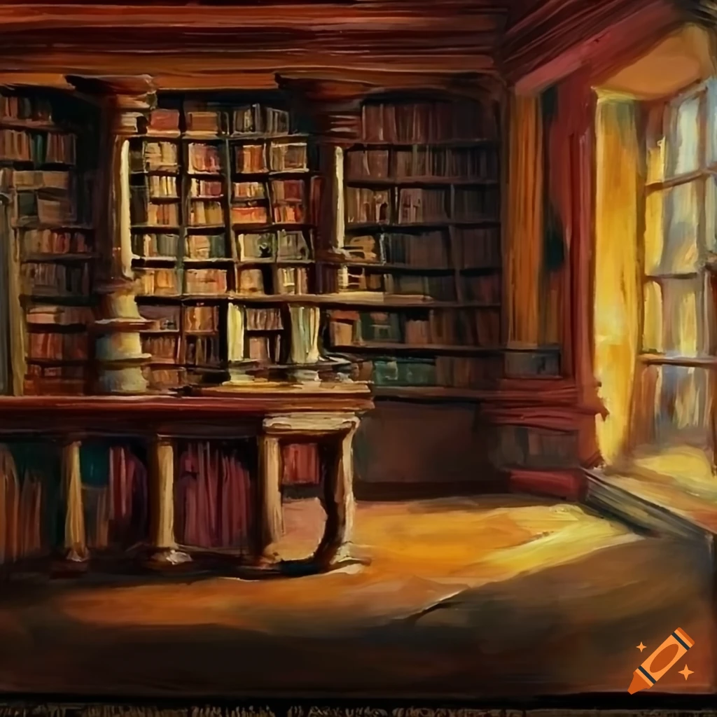 Oil painting of an old library on Craiyon