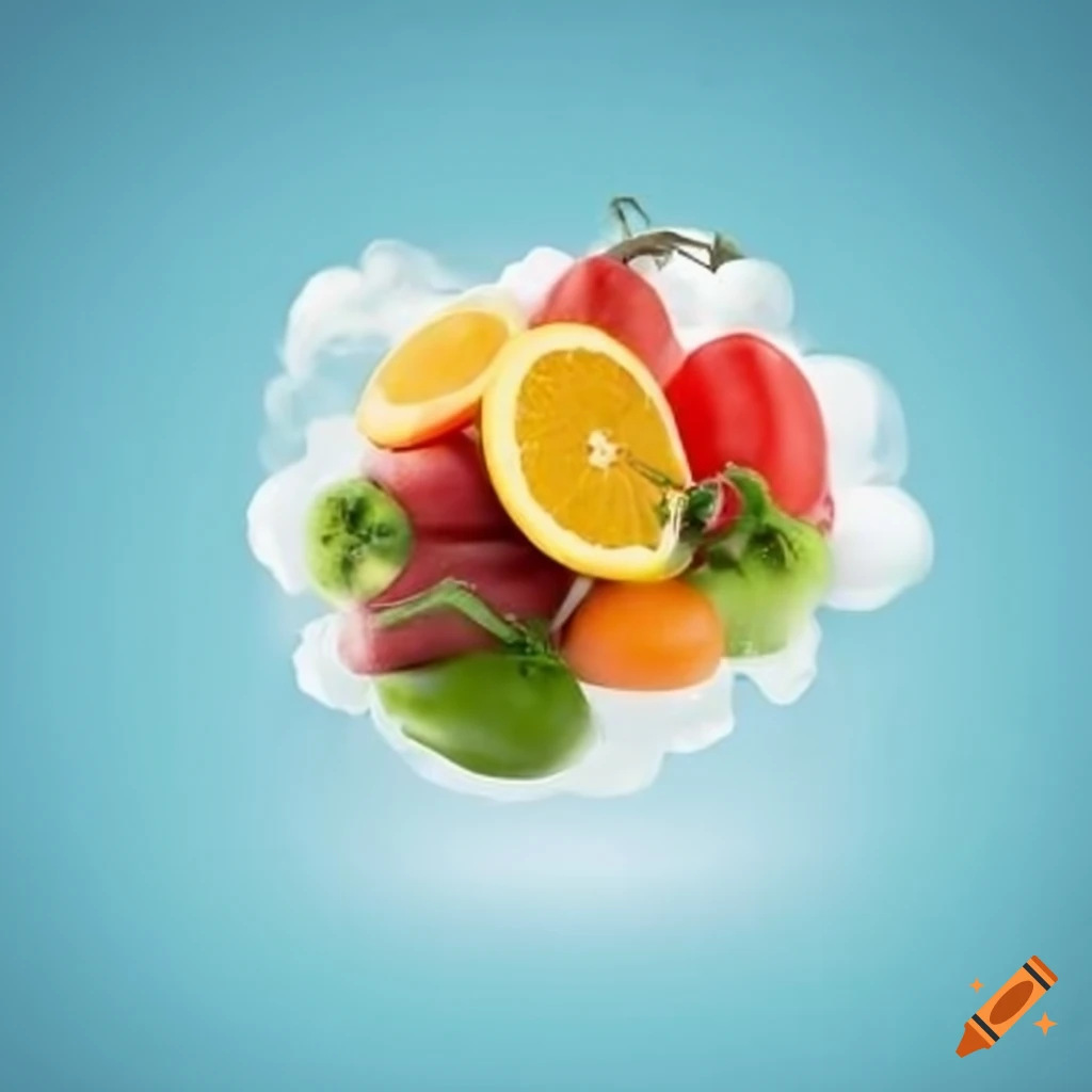 Fresh fruit and vegetables displayed on a floating cloud on Craiyon