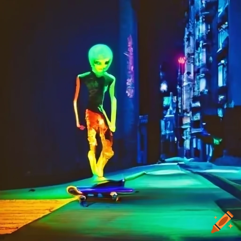 Fluorescent alien skateboarding in the city at night on Craiyon
