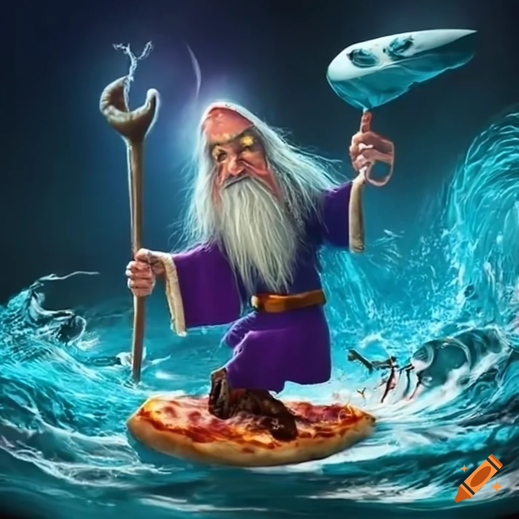 Wizard surfing on a pizza on Craiyon