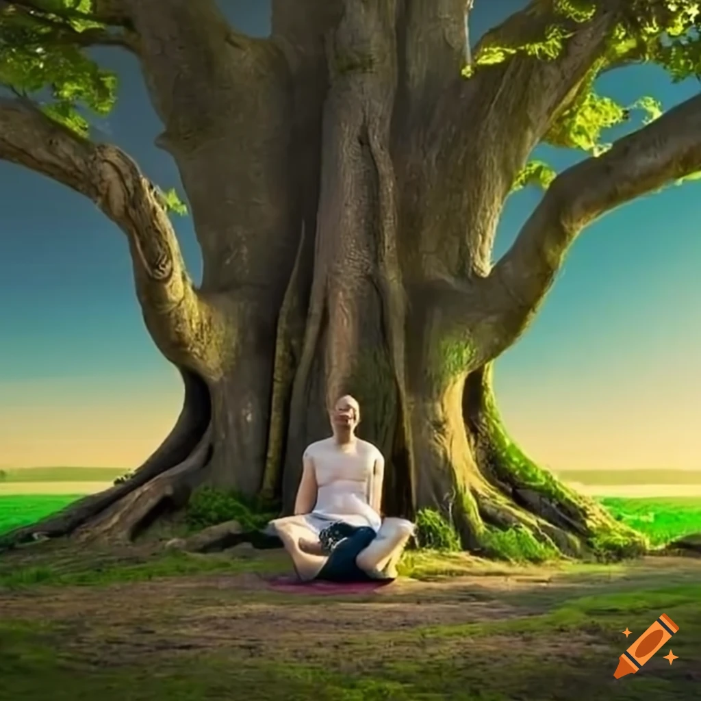 Peaceful man meditating under an ancient tree surrounded by nature on ...