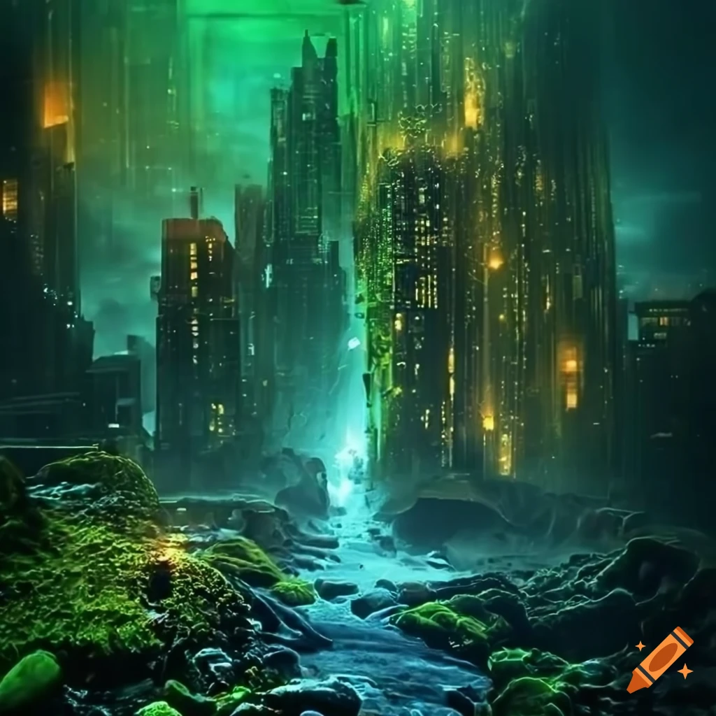 Glowing biopunk cityscape with green moss, plants, mushrooms, crystals ...