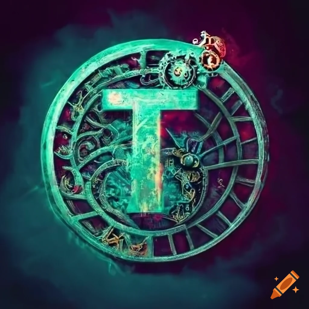 Steampunk fantasy game logo with the letter T in typography on Craiyon