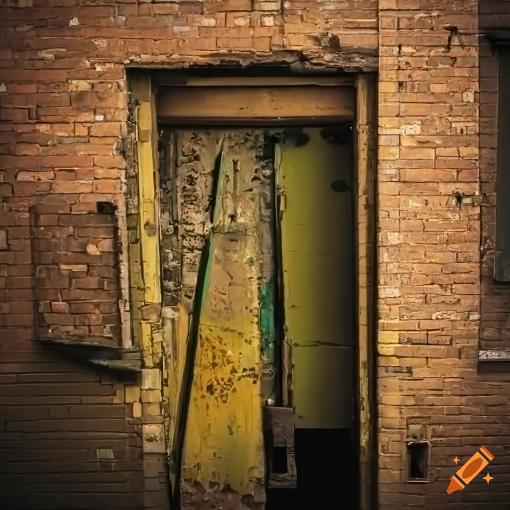 Crumbling flooded door with abandoned buildings sinking into ocean in a ...