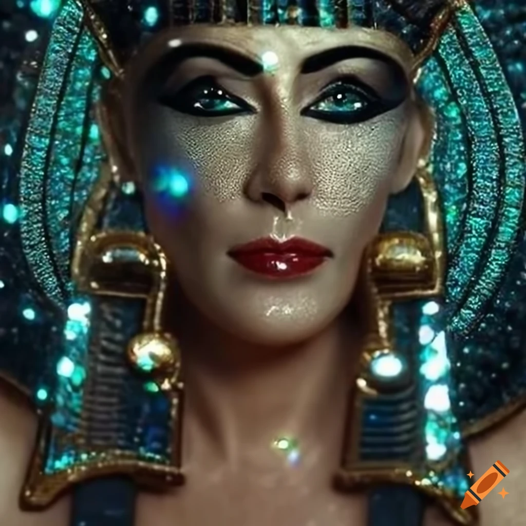 Queen cleopatra depicted as a powerful sorceress with glitters on Craiyon