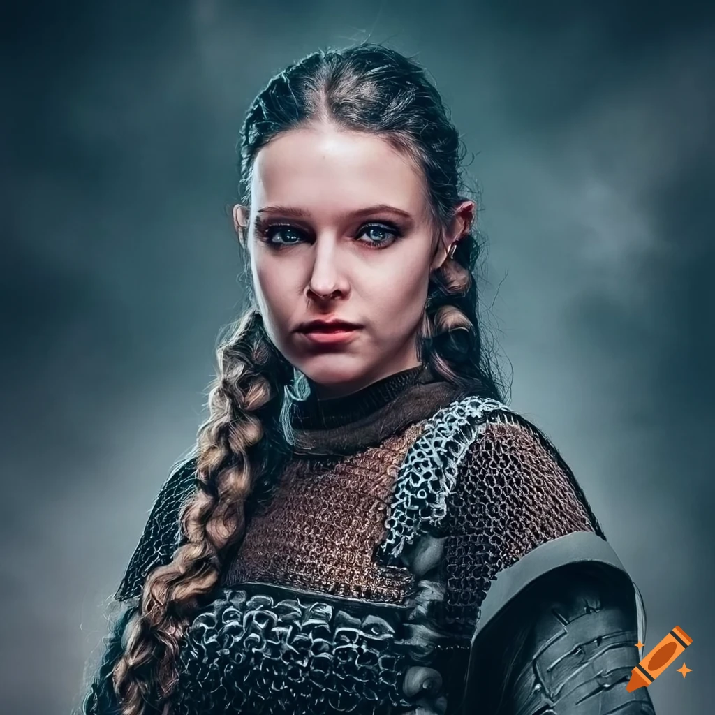 Portrait of a 17-year-old viking female in ring mail armor against a ...