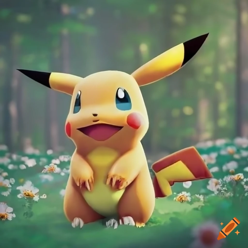 Charmander, pikachu, and bulbasaur standing in a flower-filled forest ...