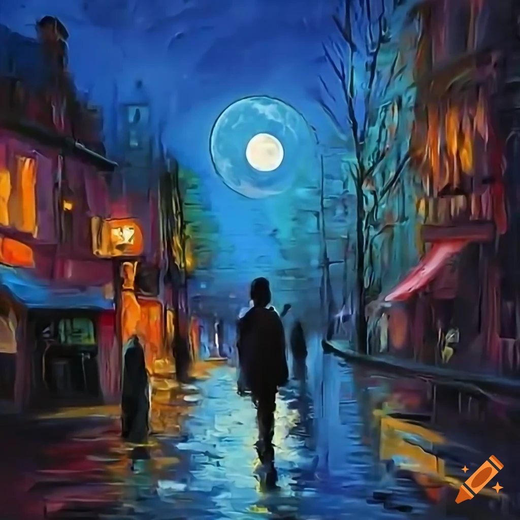 Man walking on the street at night under the moonlight on Craiyon