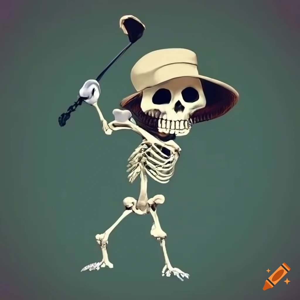 Skeleton with a hat swinging a golf club on Craiyon