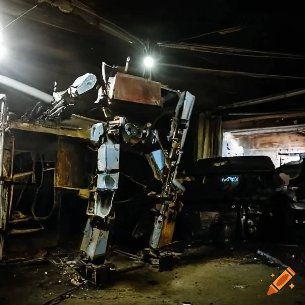 Intimidating mecha robot in a dimly-lit garage on Craiyon