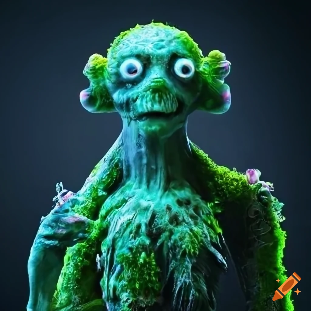 Biopunk cityscape with glowing green moss, plants, mushrooms, crystals ...