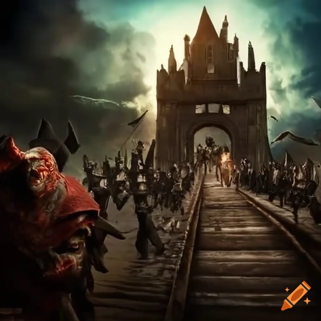 Knights battling zombies on a bridge near a castle in an ultra ...