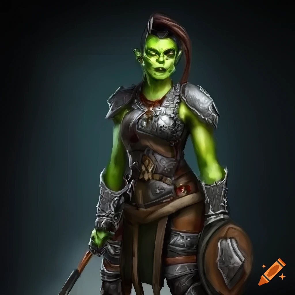 Female Orc Fighter with gray skin and green eyes, wielding an axe ...