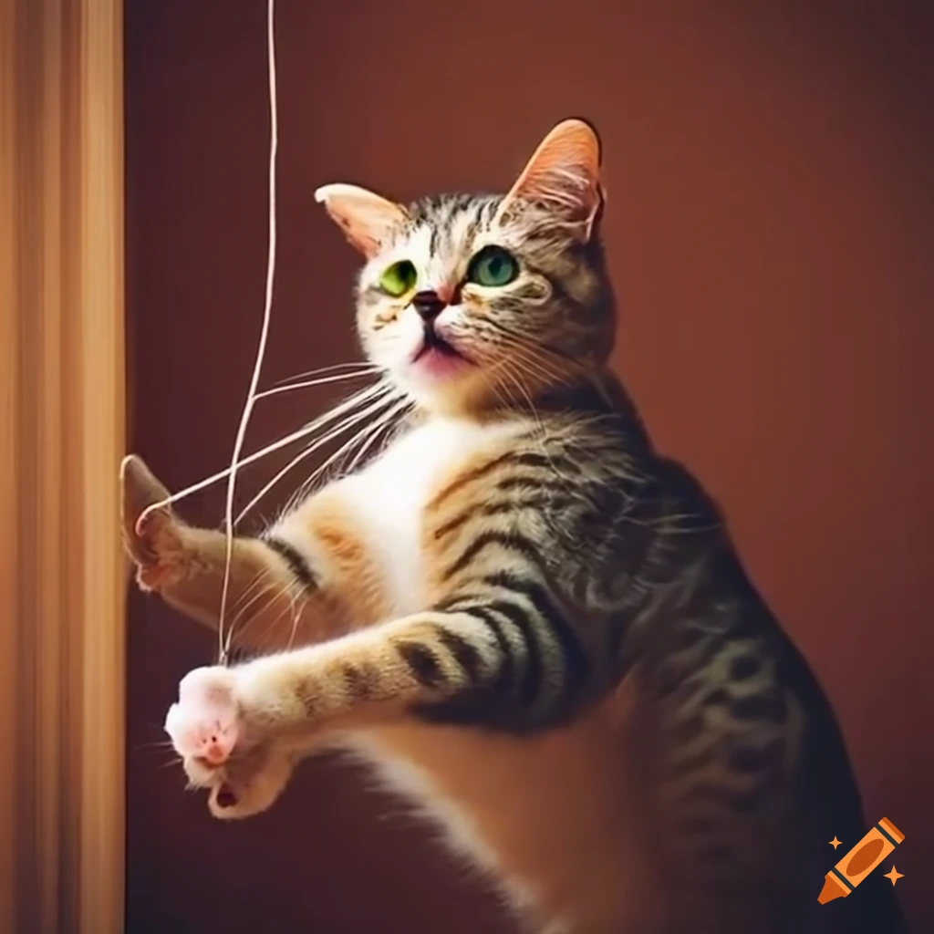 Elegant and captivating cats playing with string in a hallway on Craiyon