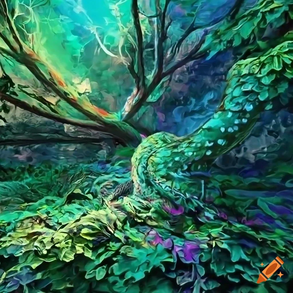 Snakeskin trees twisted with dandelion shrubs, ivy vines, exotic birds, and colorful flowers in ...