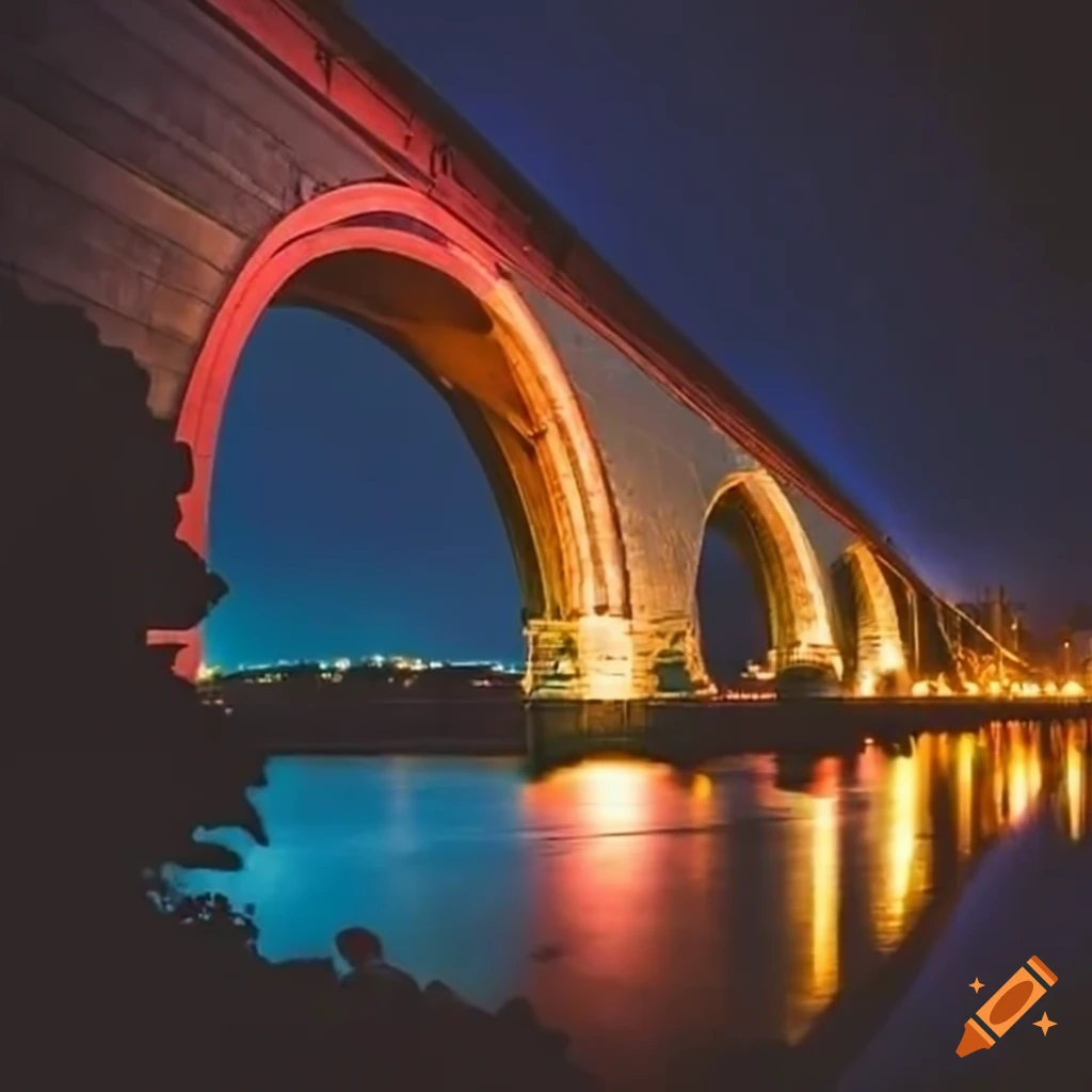 Illuminated arch bridge at night on Craiyon