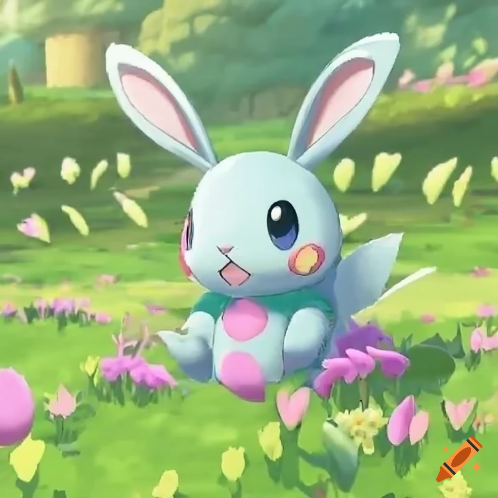 Bunnies and pokemons hopping around an easter hut with flowers on Craiyon