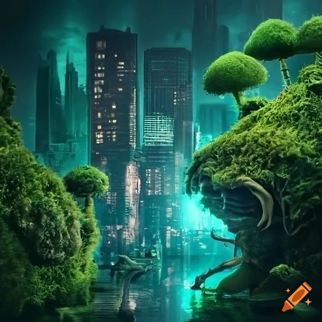 Biopunk cityscape with glowing green moss, plants, mushrooms, crystals ...