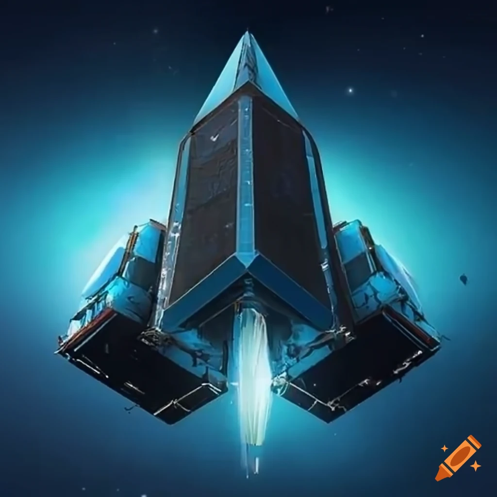 Technologically advanced obelisk spacecraft flying diagonally into ...