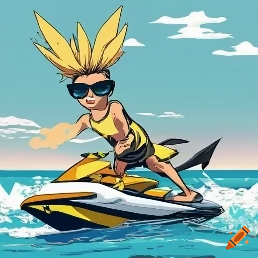 Jolteon riding jet ski with sharks following in the ocean on Craiyon