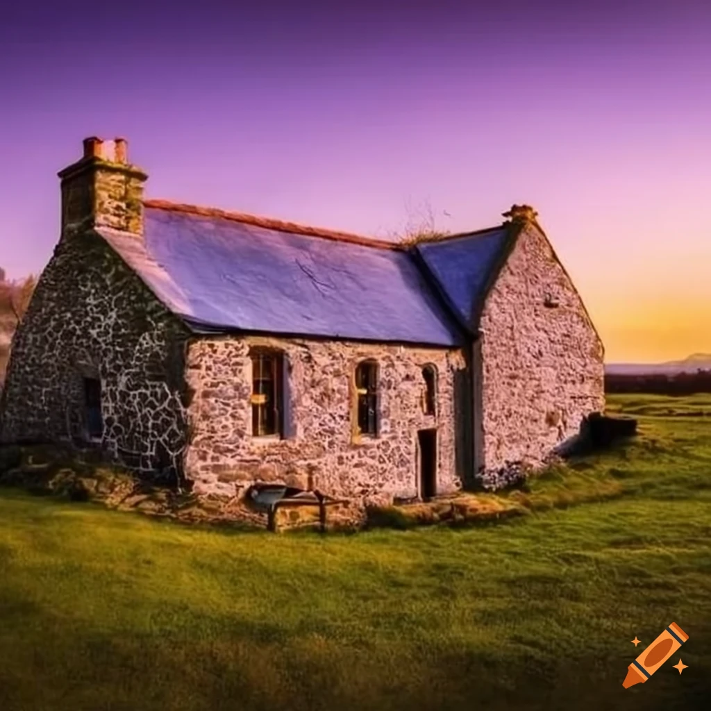 Cozy old stone irish farmhouse with a purple door on Craiyon