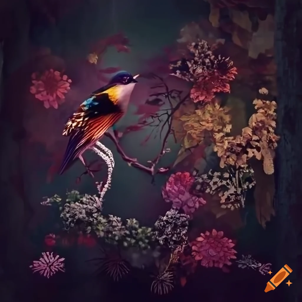 Exotic birds, colorful flowers, snakeskin trees, ivy vines, and dandelion shrubs with vintage ...