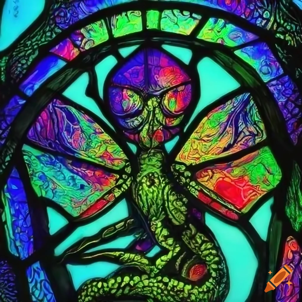 Stained glass window with alien insects in lovecraftian style under ...