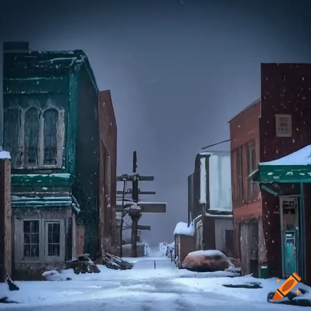 Decrepit midwestern town in a blizzard with roaming cats in the snowy ...