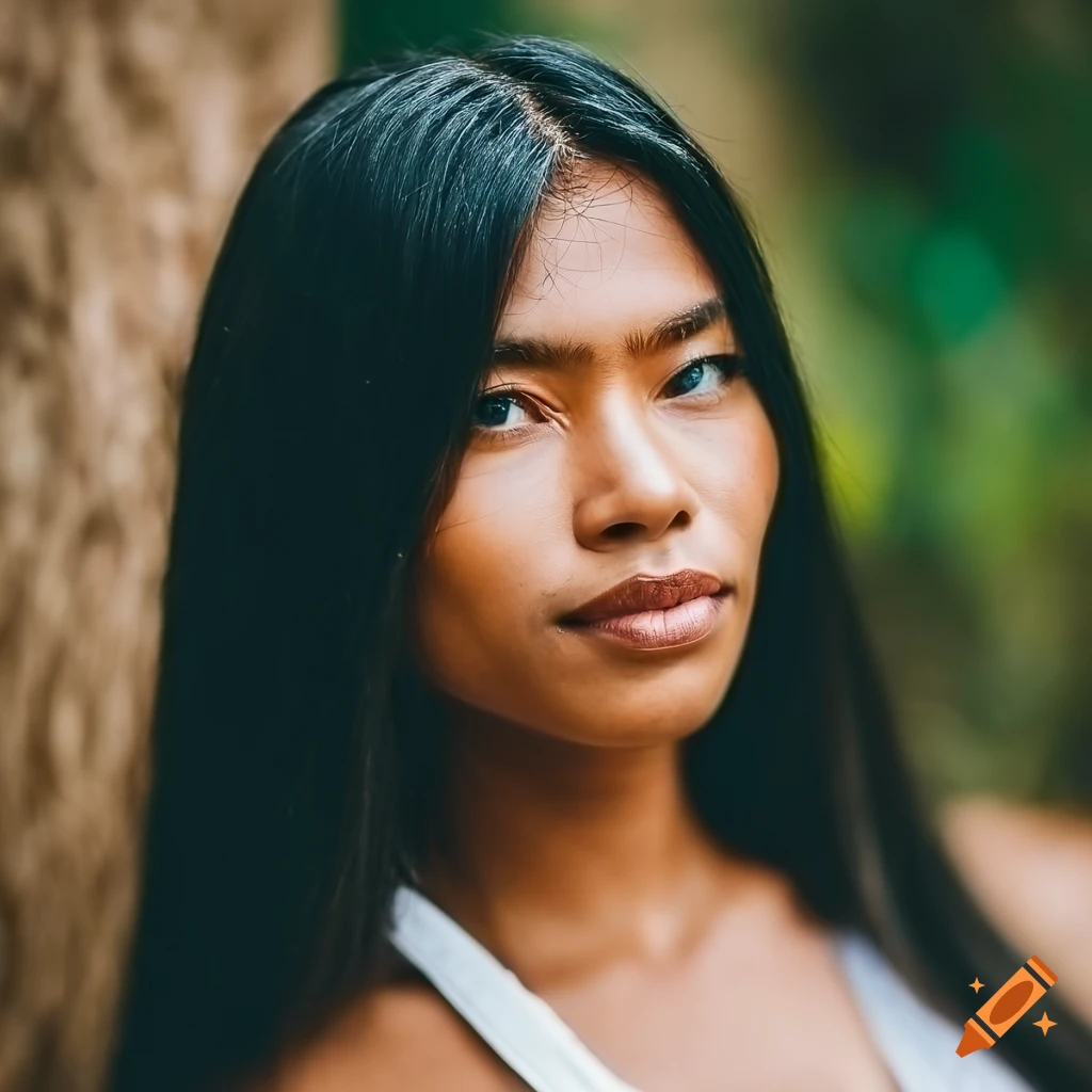 Brazilian indigenous woman with green eyes in a dreamy artistic ...