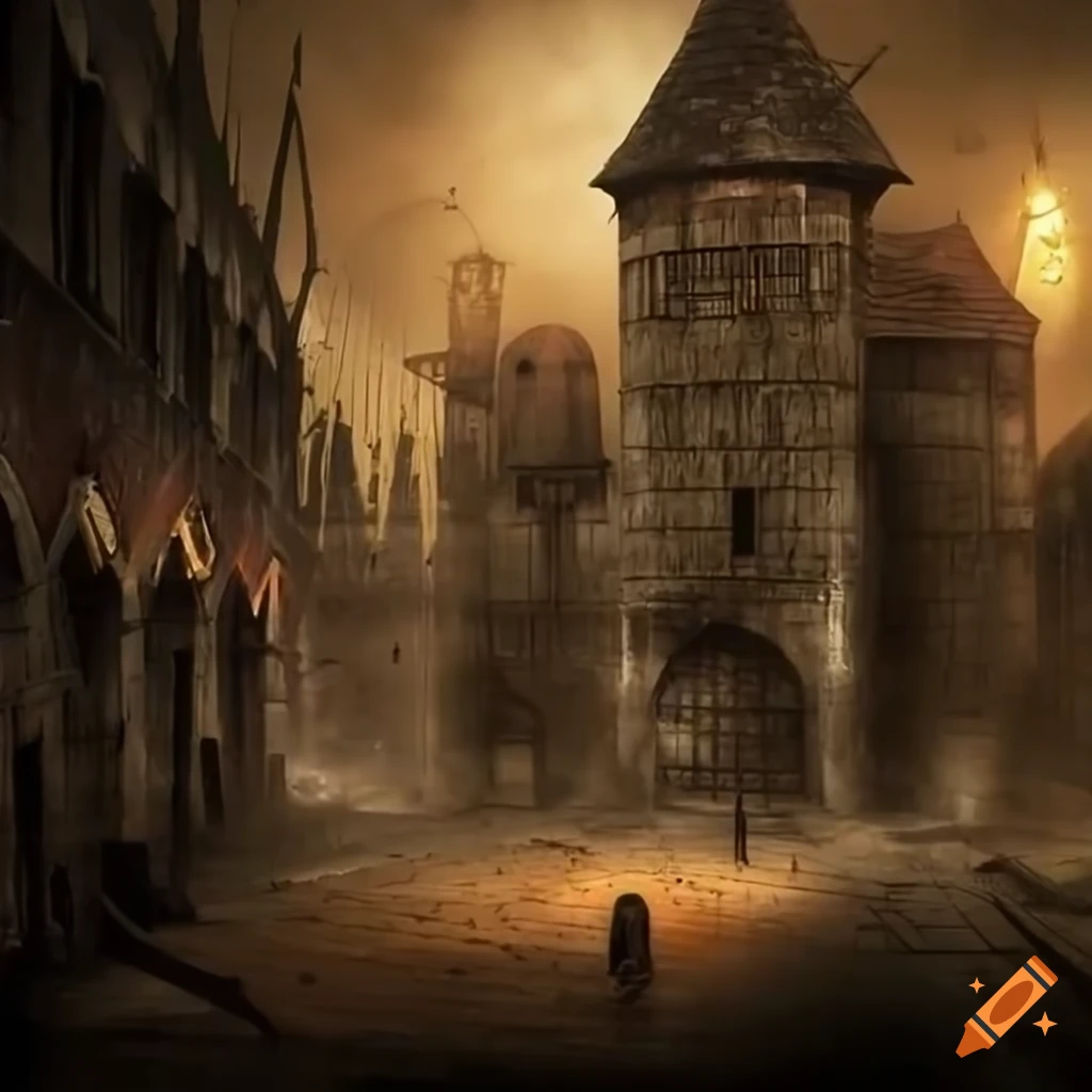 Steampunk medieval prison complex at night with monks in a rainy ...