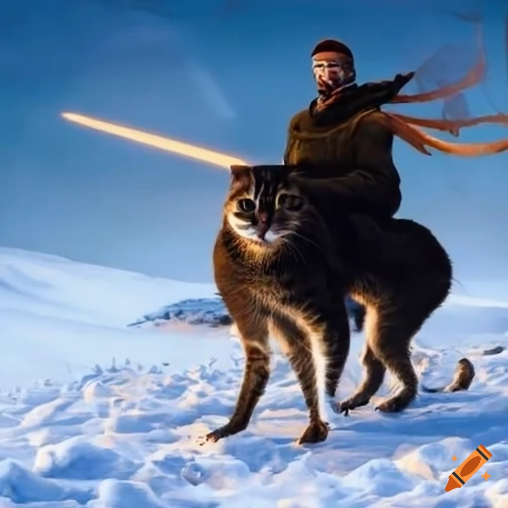 Strong man riding a cat in a snowy battlefield with artillery on Craiyon