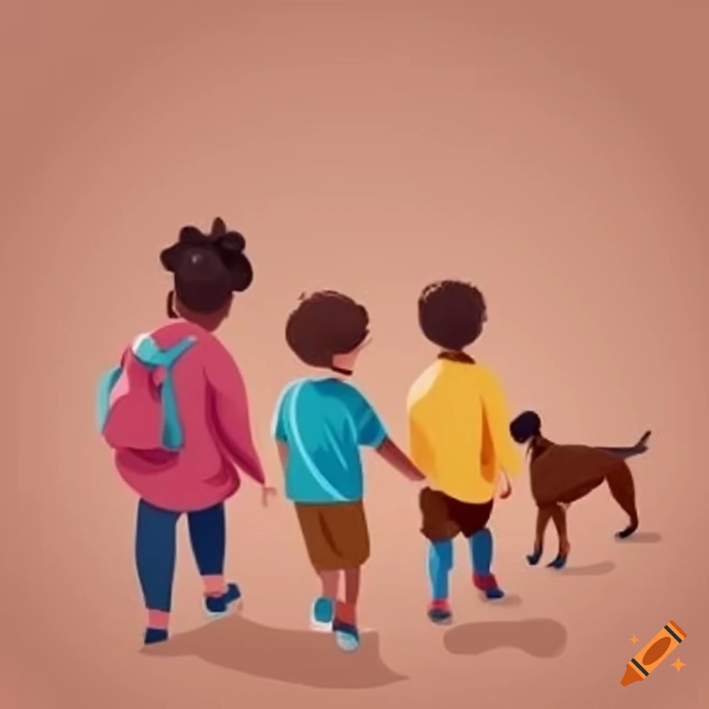 Diverse group of children walking happily on a path with a dog on Craiyon
