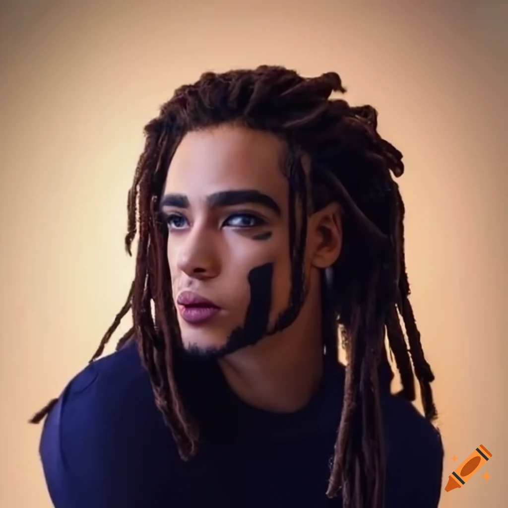 Mixed race young man with long dreadlocks and thick black eyeliner on ...