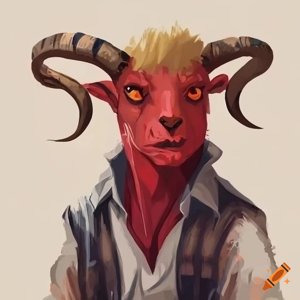 Portrait of a confident red-skinned rogue with horns resembling a goat ...
