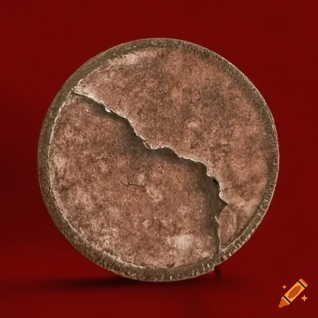 Close-up of an old weathered cracked coin on a red textured surface on ...