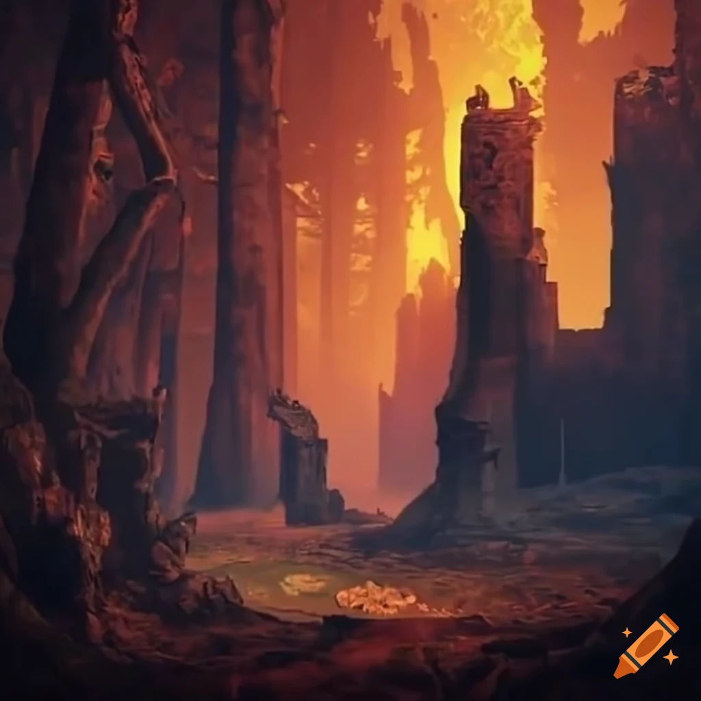 Fire consuming ancient ruins in a mystical forest setting on Craiyon